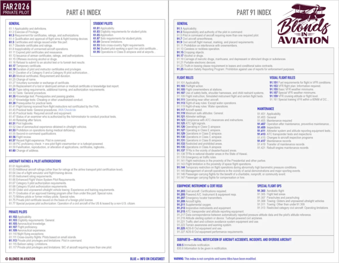 2026 FAR Private Pilot Cheat Sheet - Blonds In Aviation
